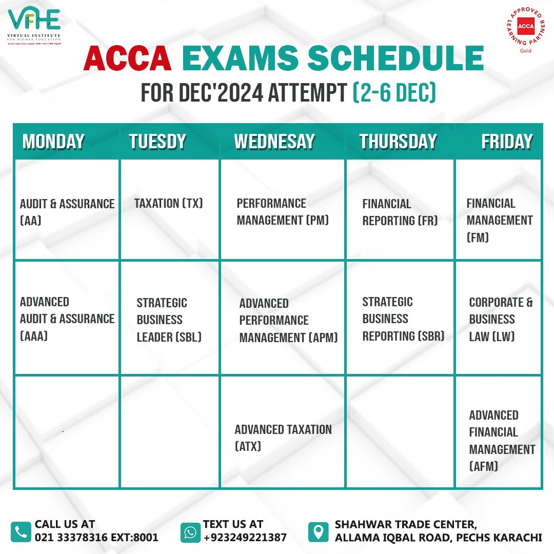 ACCA December 2024 Exam Timetable