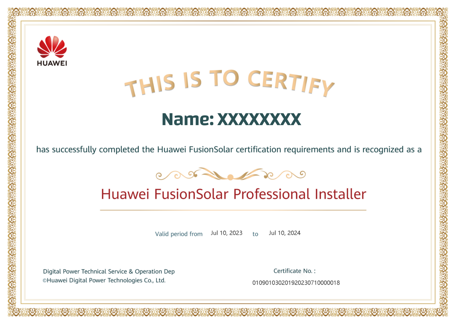 Huawei FusionSolar Certified Installer Certificate