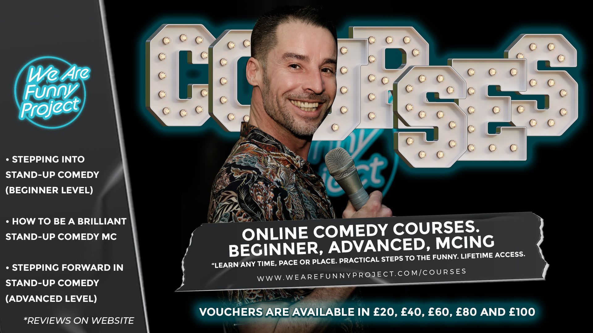 Study comedy online. 3 courses to choose from.